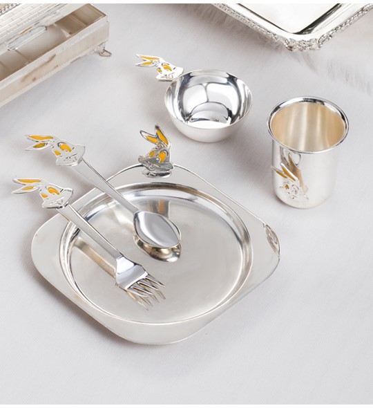 Buy Silver Baby plate set in enamel work - Krishna Jewellers Pearls and ...