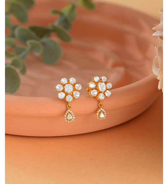 Polki studs in flower n leaf design-Krishna Jewellers,Pearls and Gems