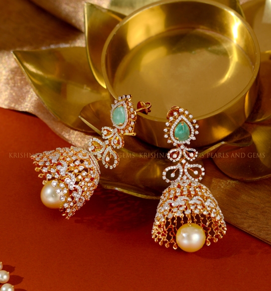 Elegant Diamond Earrings with Emerald Pota and Pearls - Krishna ...